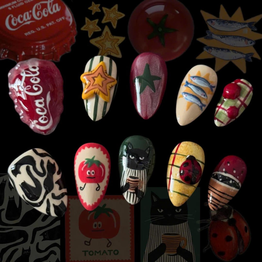 Playful Pantry Press on Nails | Retro Pop Art Nail Set | Food Cat Fish ...
