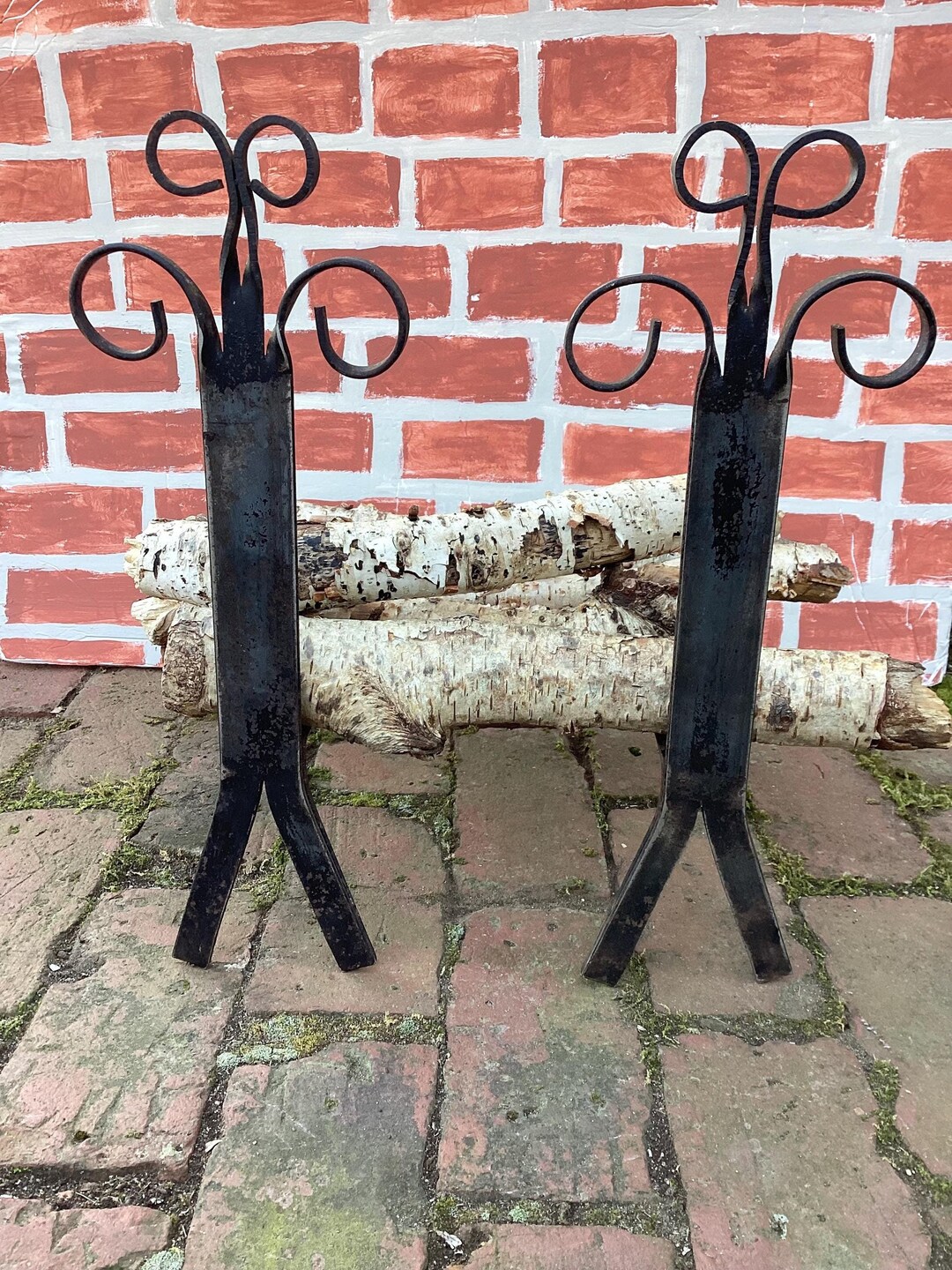 Vintage Hand Forged Andirons/ Pair of Fireplace Log Holders/ Fire Dogs ...