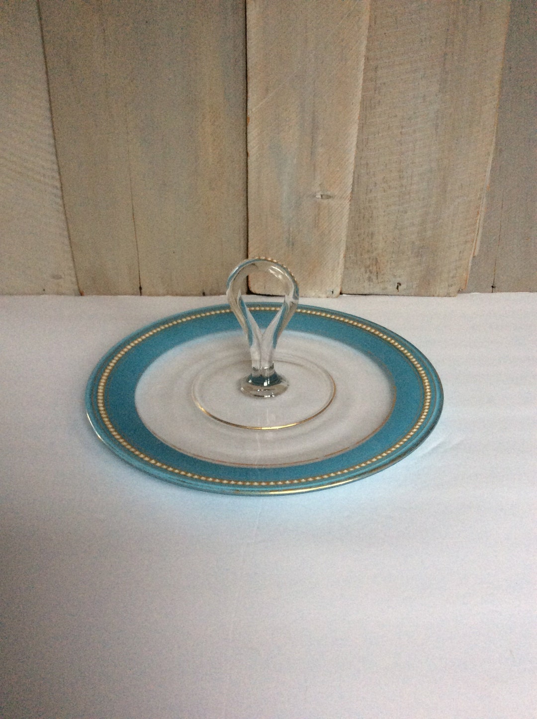 Vintage Elegant Glass Tidbit Tray / Reverse Painted Blue Band/ Gold Rim ...
