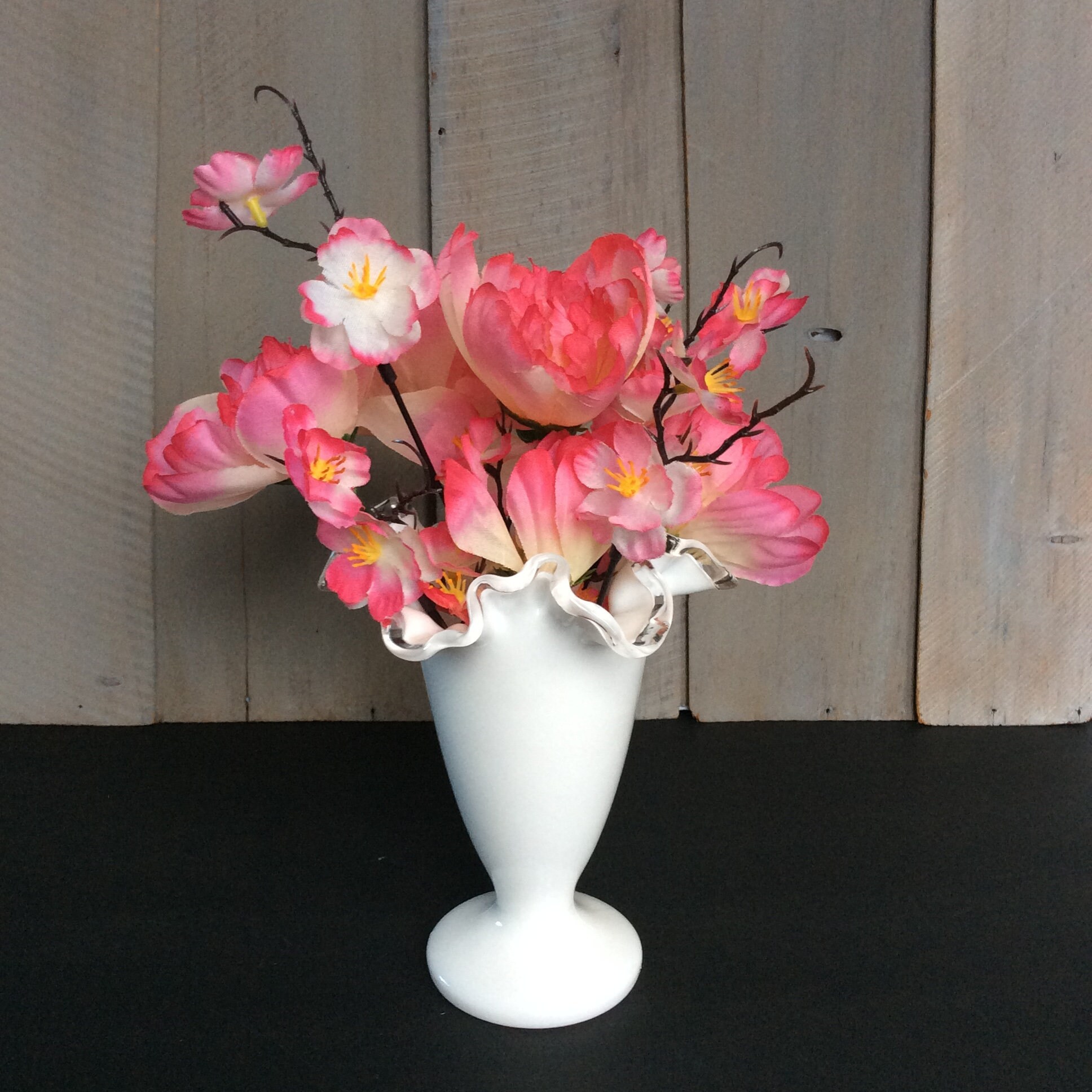 Vintage Fenton Silvercrest Triangular VaseRuffled Pedestal Base Floral ...