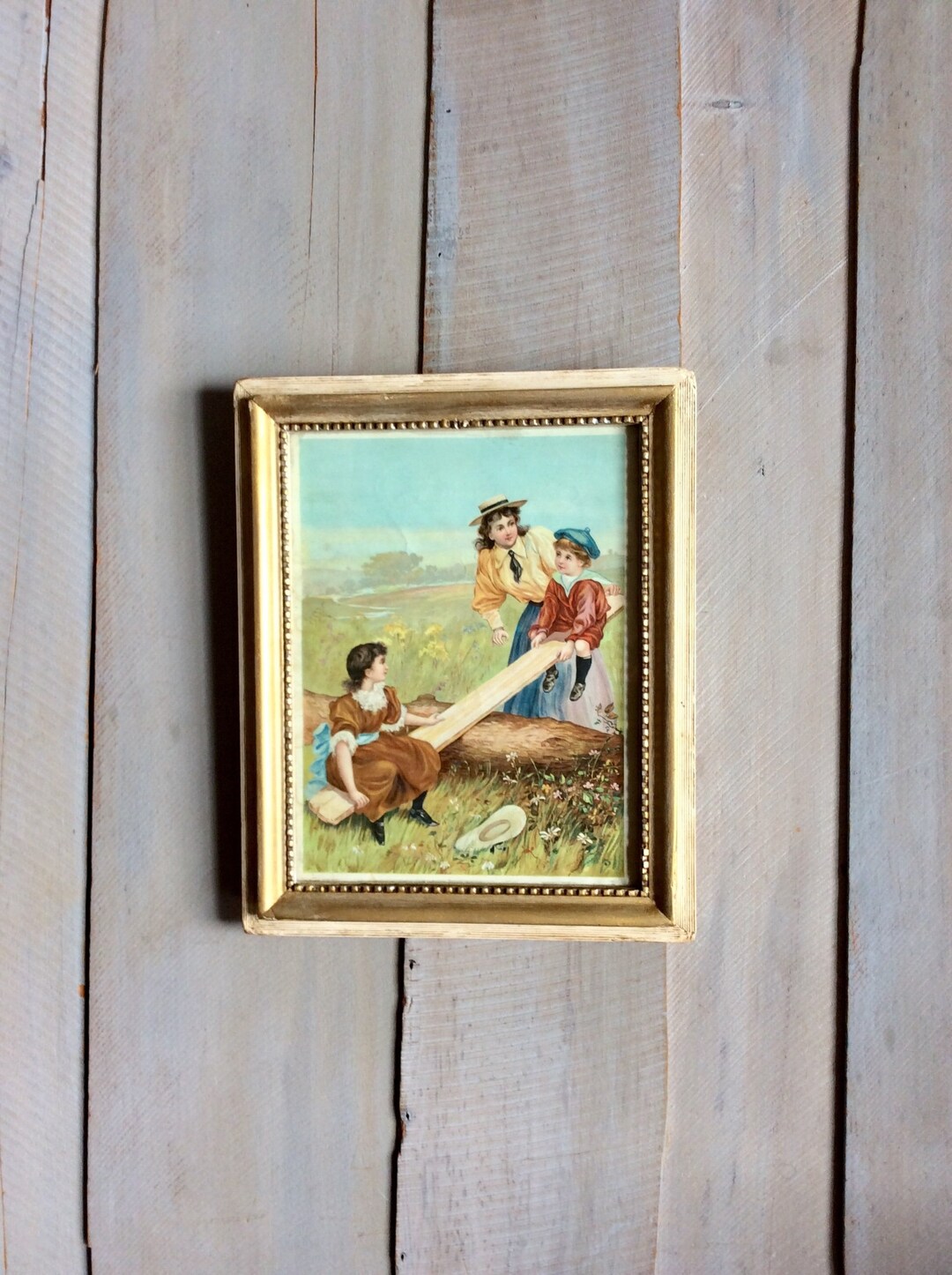 Antique Vintage Framed Lithograph Print/ Children Scene/ Cottage Decor ...