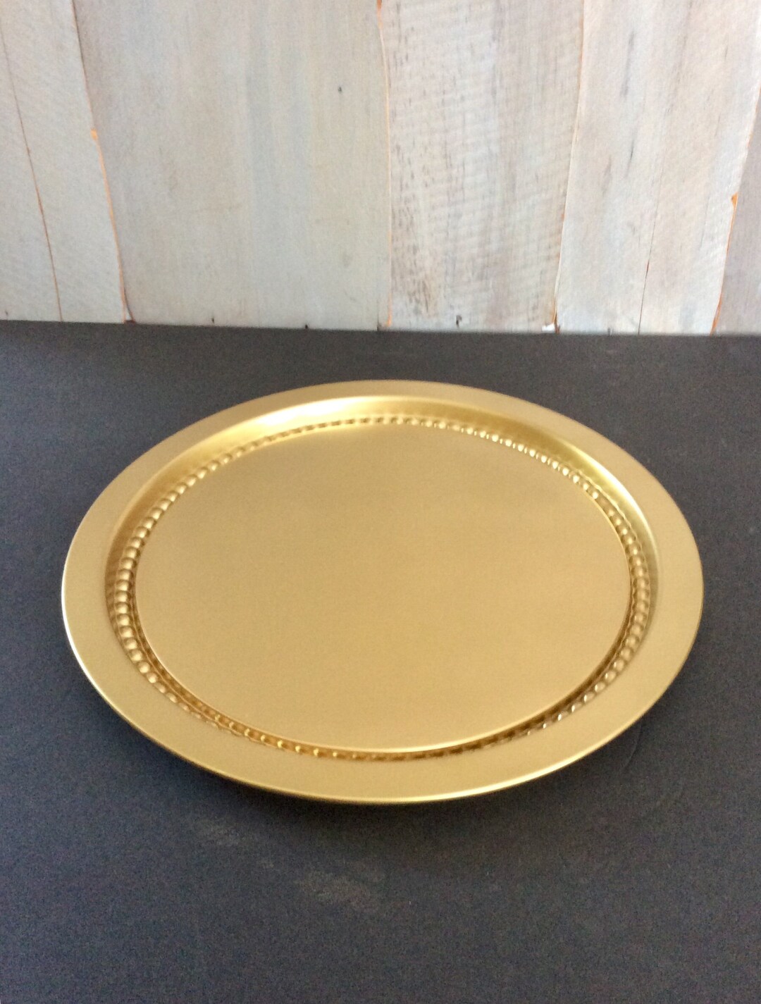 Vintage Tray /round Gold Tone Hammered Metal/decorative Barware/cottage ...