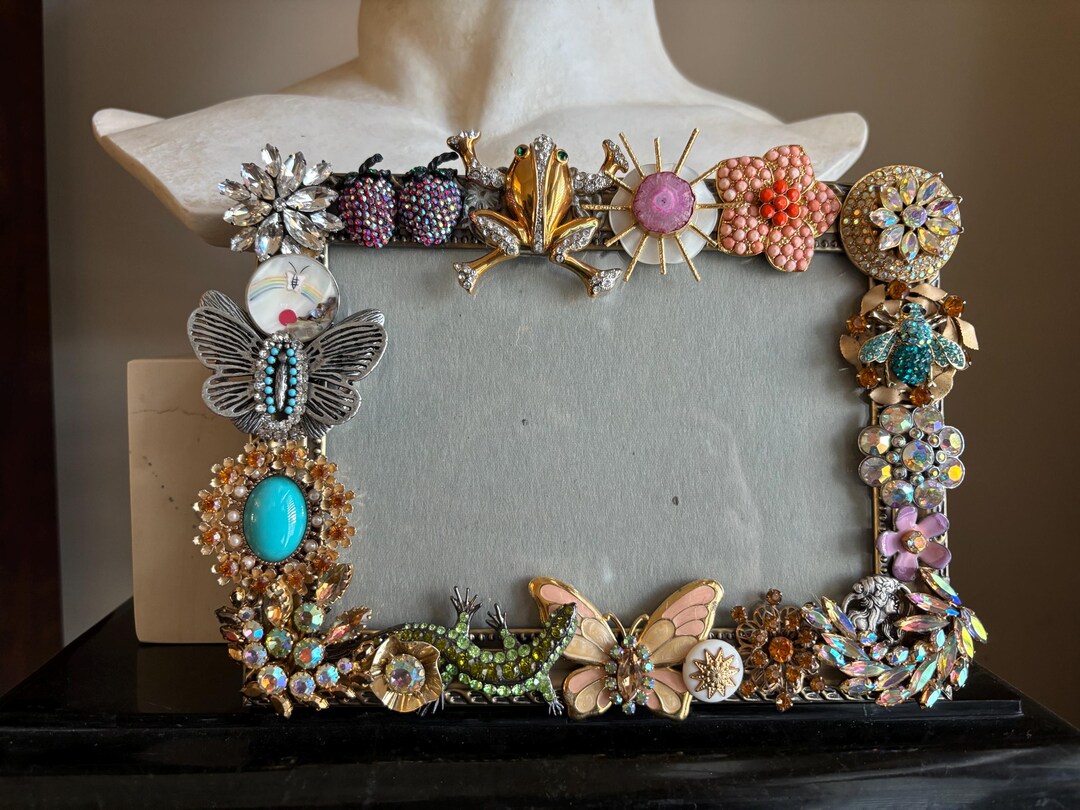 Heirloom Upcycled Antique Jewelry Rhinestone Picture Frame Home Decor ...