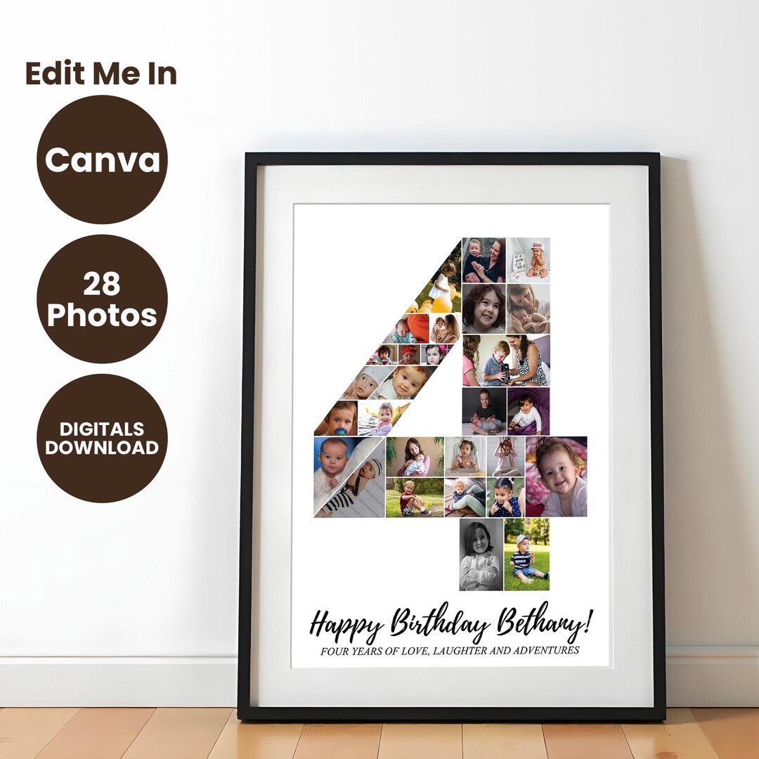 4th Birthday Number Collage | Editable Canva Template | Custom ...