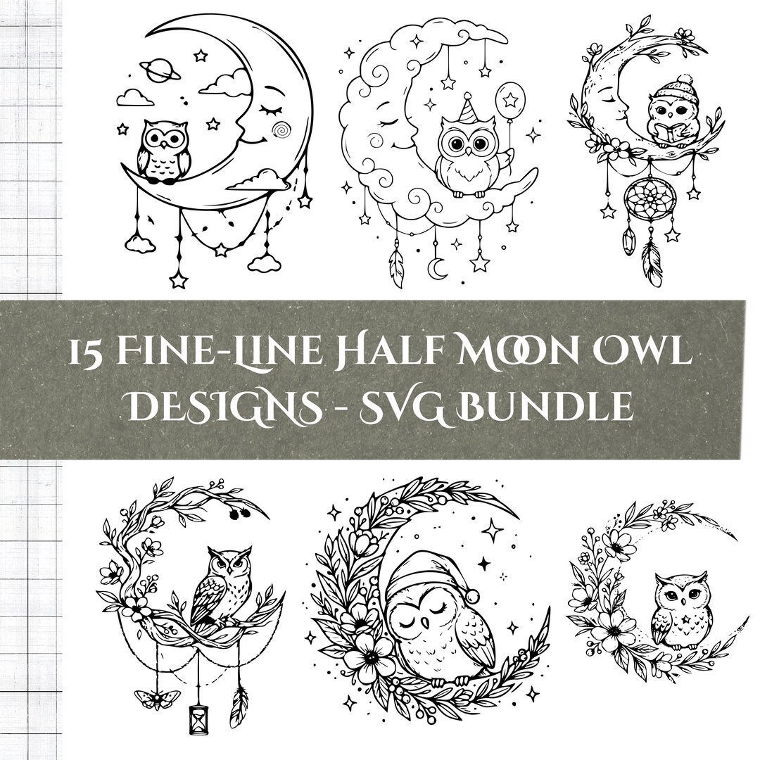 15 Fine-line Half-moon Owl Svgs - Pngs Bundle | Minimal Celestial Line ...