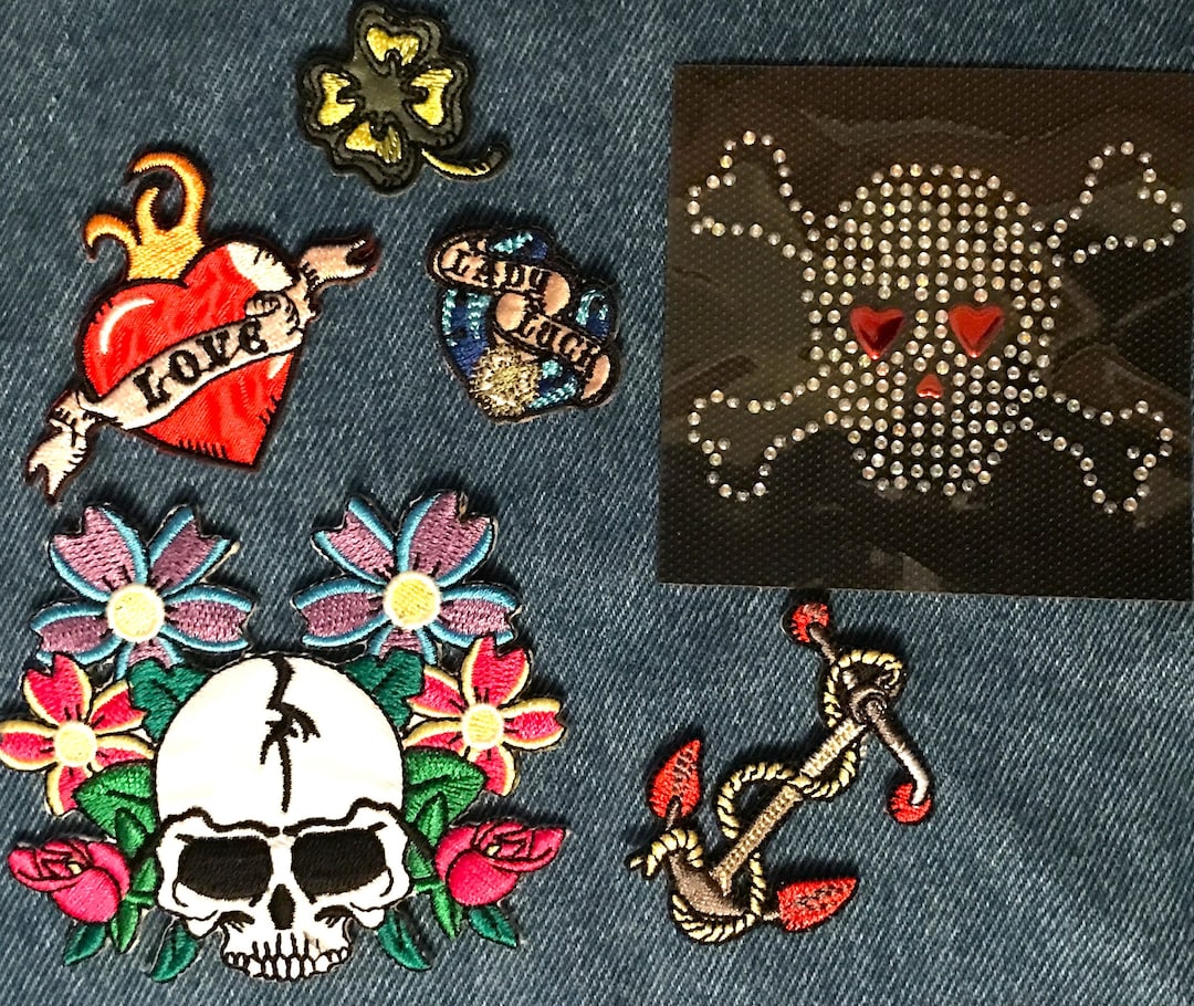 Skull and Tattoo Patches, Set of 6, Rhinestone Skull, Skull With ...