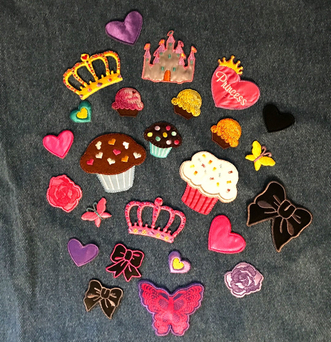 Cute Girly Patches, Set of 25, Hearts, Crowns, Cupcakes, Ribbons, Butterflies, Princess and ...