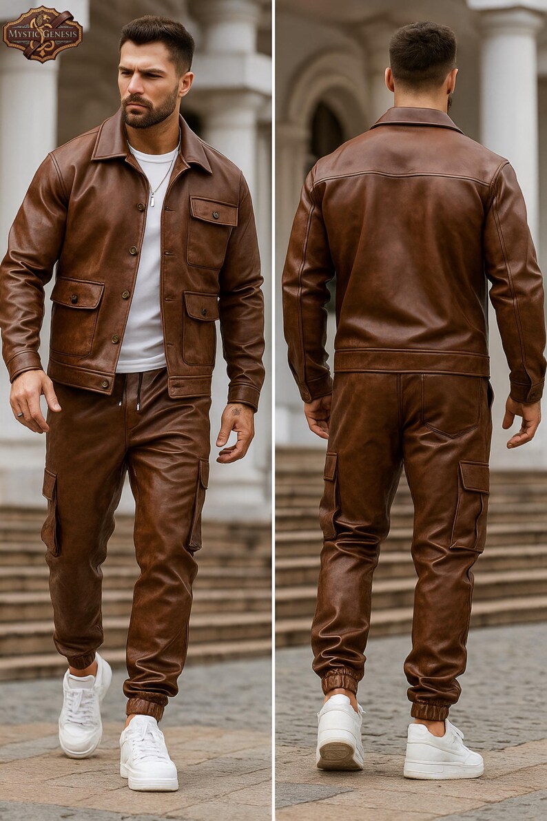Men's Brown Leather Safari Suit: Utility Jacket & Cargo Pants Set - Etsy