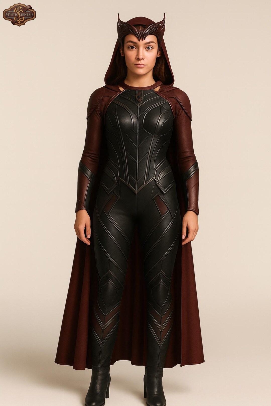 Handmade Leather Witch Cosplay Costume - Armored Bodysuit, Maroon Cape ...