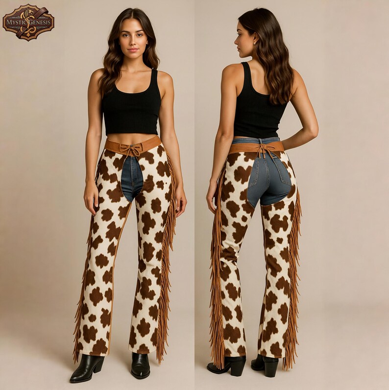 Cow Print Leather Fringe Chaps – Western Rodeo Style by Mystic genesis ...