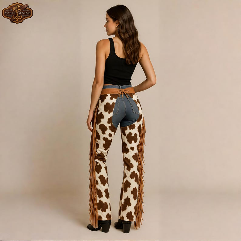 Cow Print Leather Fringe Chaps – Western Rodeo Style by Mystic genesis ...