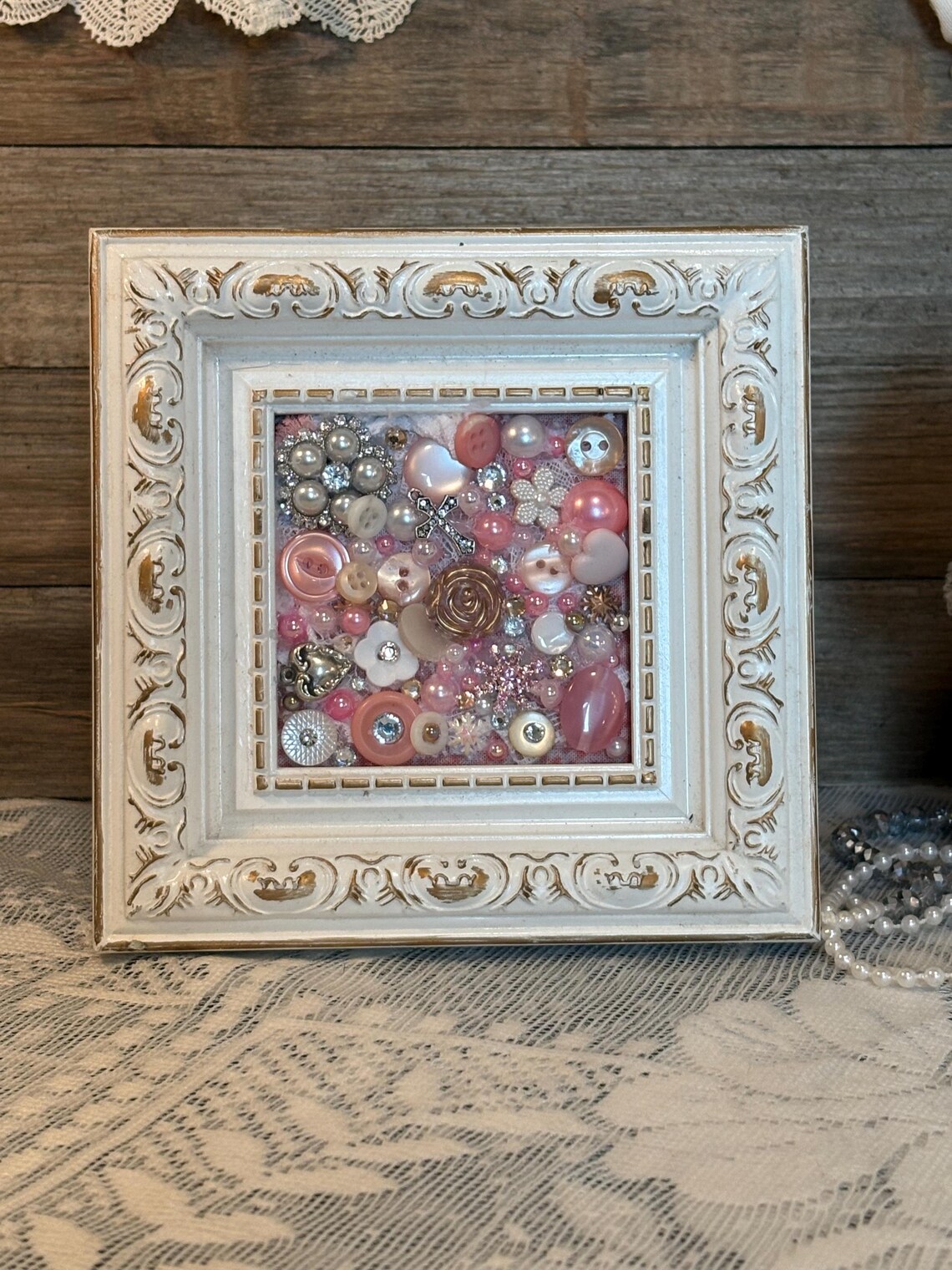 Blush Pink Button Art in Ornate Vintage Frame-pearl & Rose Keepsake ...