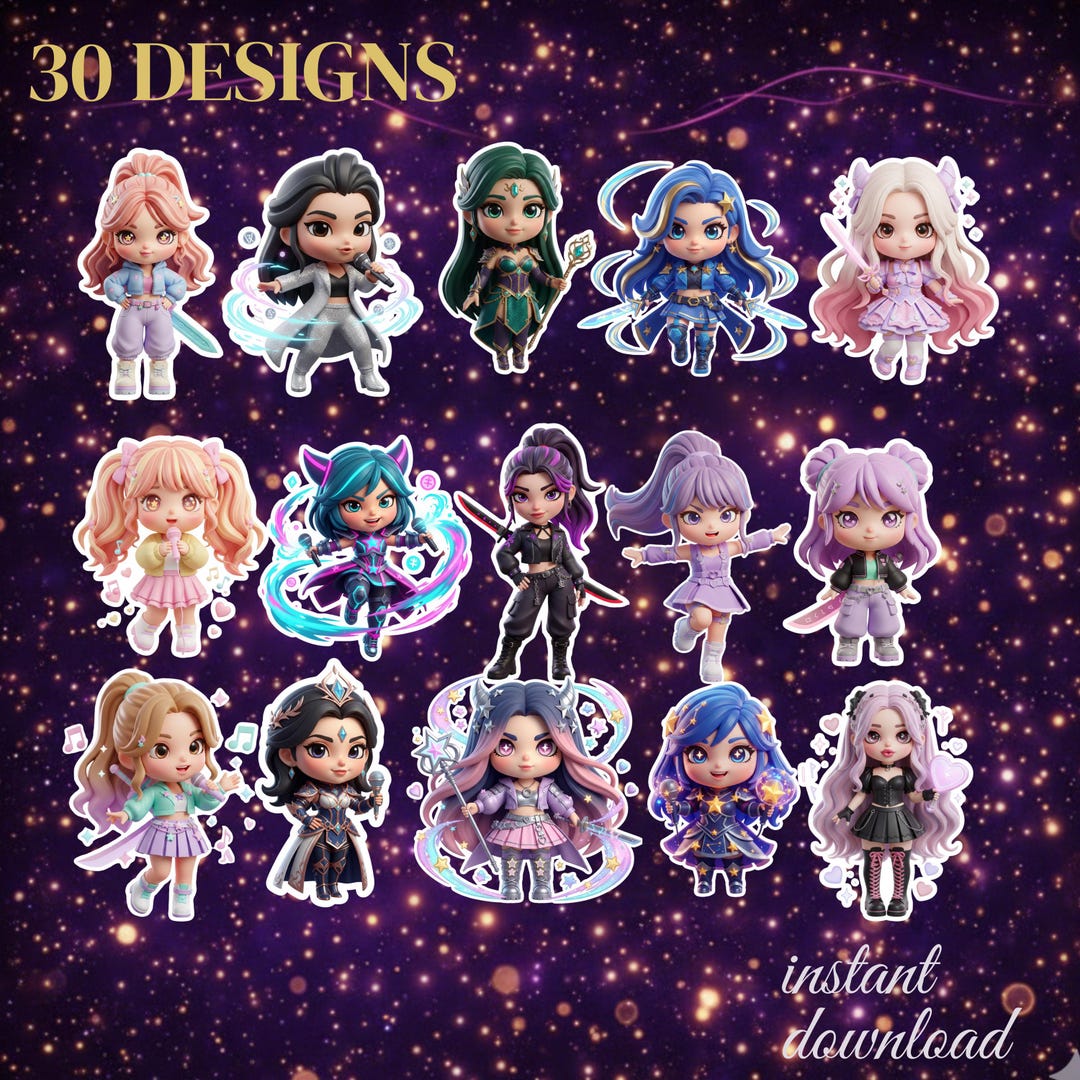 Neon Night Crew Digital Sticker Sheet PDF | Glow Idol Style PNG ...