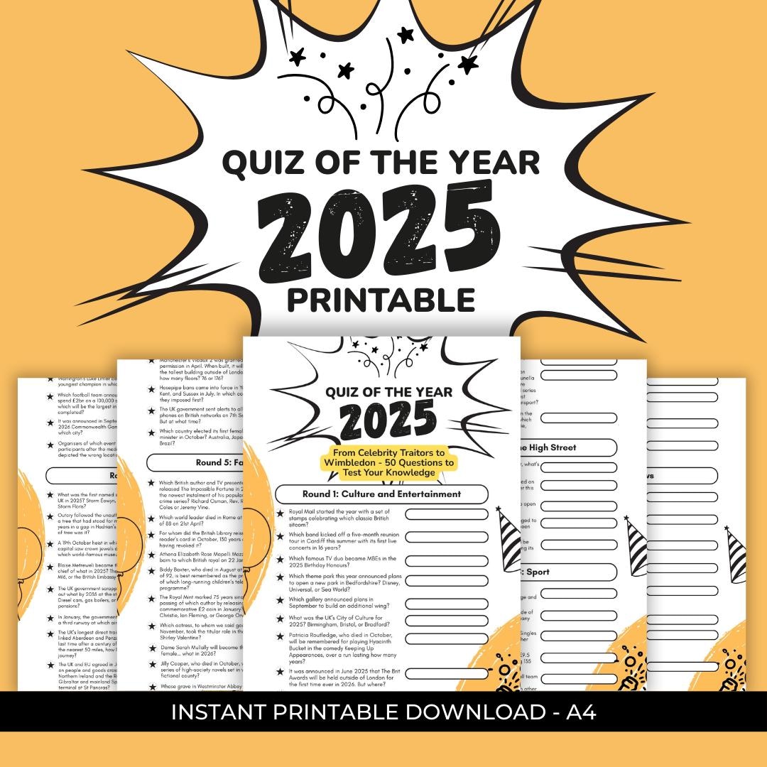 Quiz of the Year 2025 Printable | UK 2025 Trivia Quiz With Answers ...