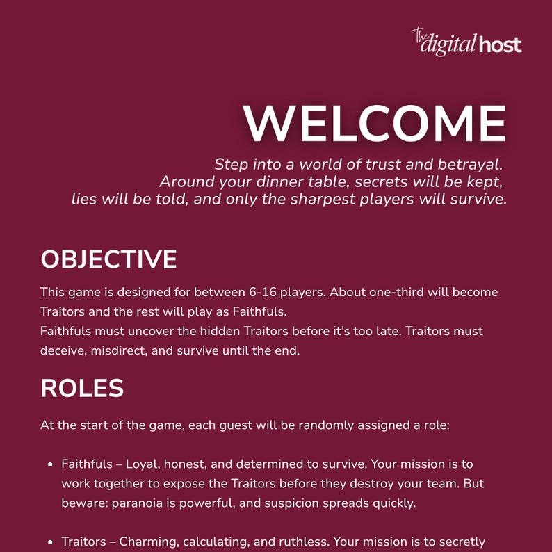 Traitors Party Game for Dinner Parties | Printable Murder Mystery ...