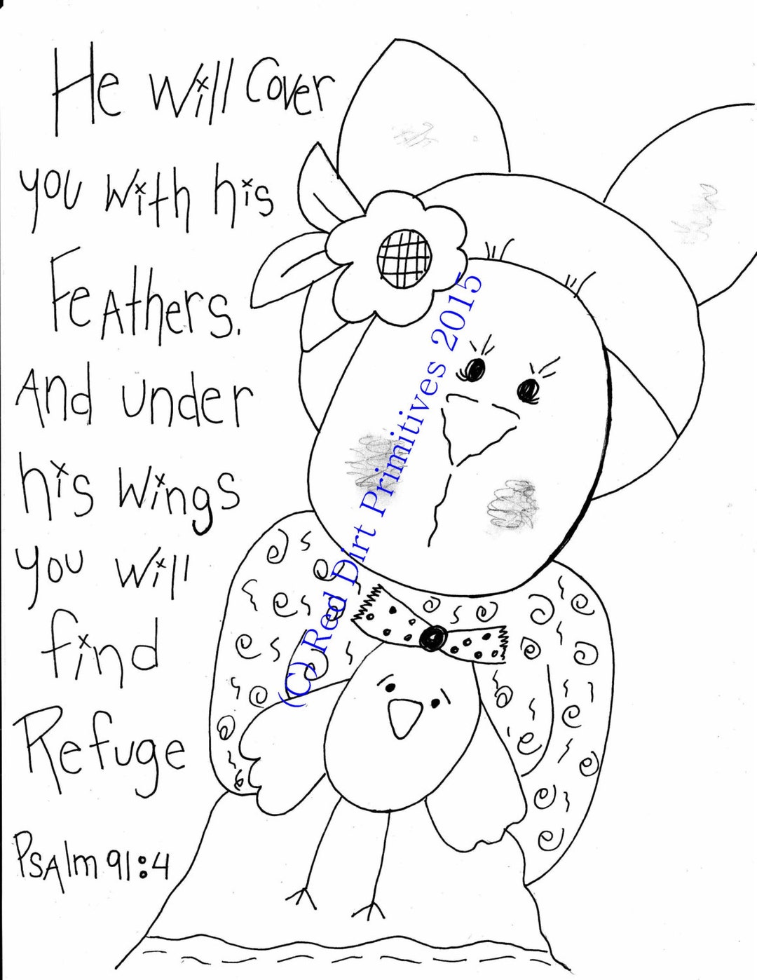 Primitive Line Drawing Stitchery Rabbit With Little Chick Bible Verse ...