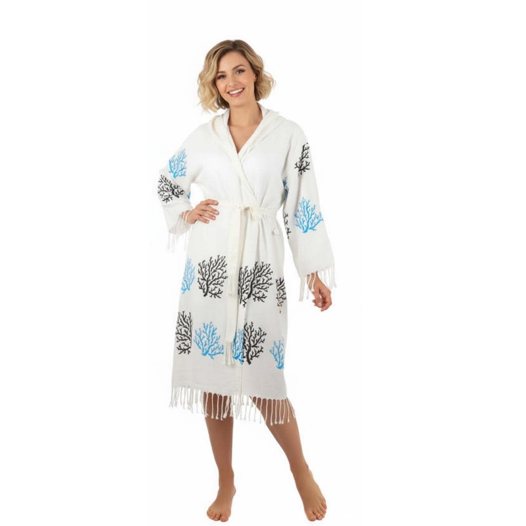 Coral Pattern Bamboo Bathrobe: Turkish Spa Robe, Ocean Design - Etsy