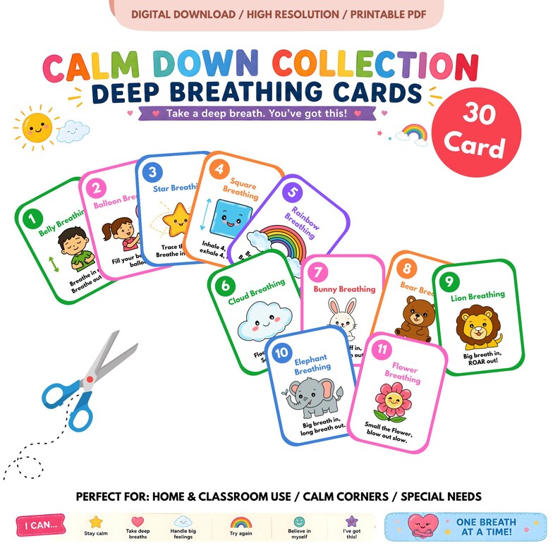 Deep Breathing Cards for Kids | Calm Down Cards | Emotional Regulation ...