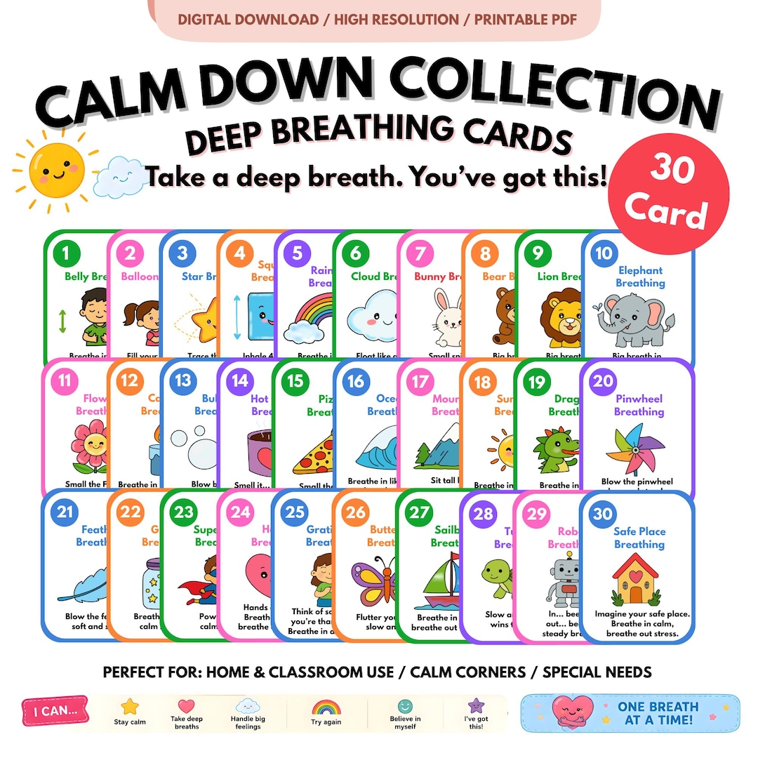 Deep Breathing Cards for Kids | Calm Down Cards | Emotional Regulation ...