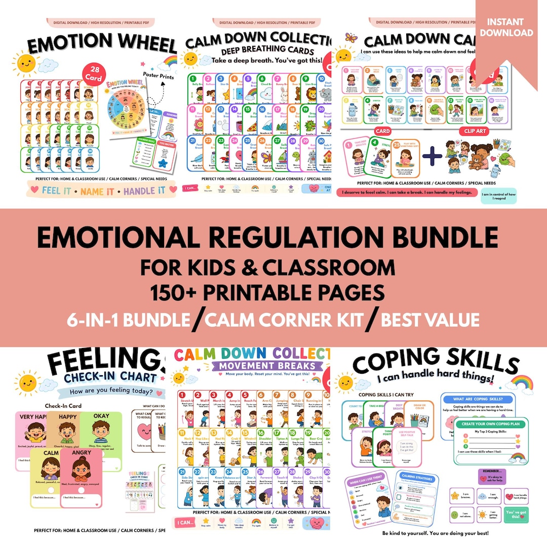 Emotional Regulation Bundle for Kids Printable, Calm Down Cards, Coping ...