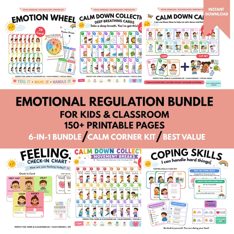 Emotional Regulation Bundle for Kids Printable, Calm Down Cards, Coping ...