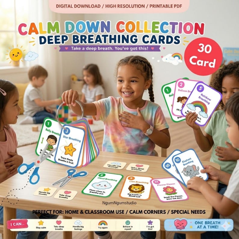 Deep Breathing Cards for Kids | Calm Down Cards | Emotional Regulation ...