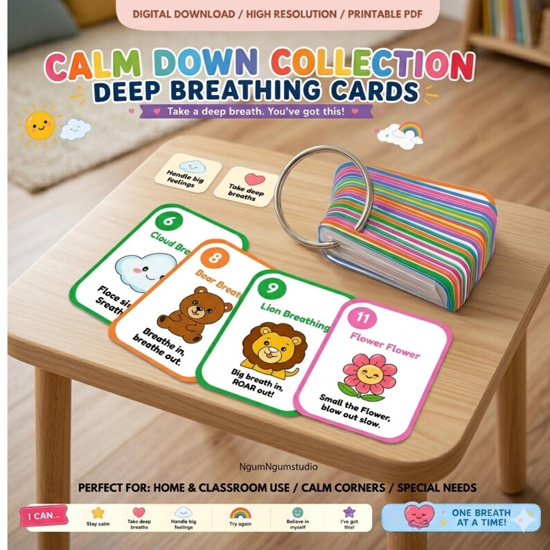 Deep Breathing Cards for Kids | Calm Down Cards | Emotional Regulation ...