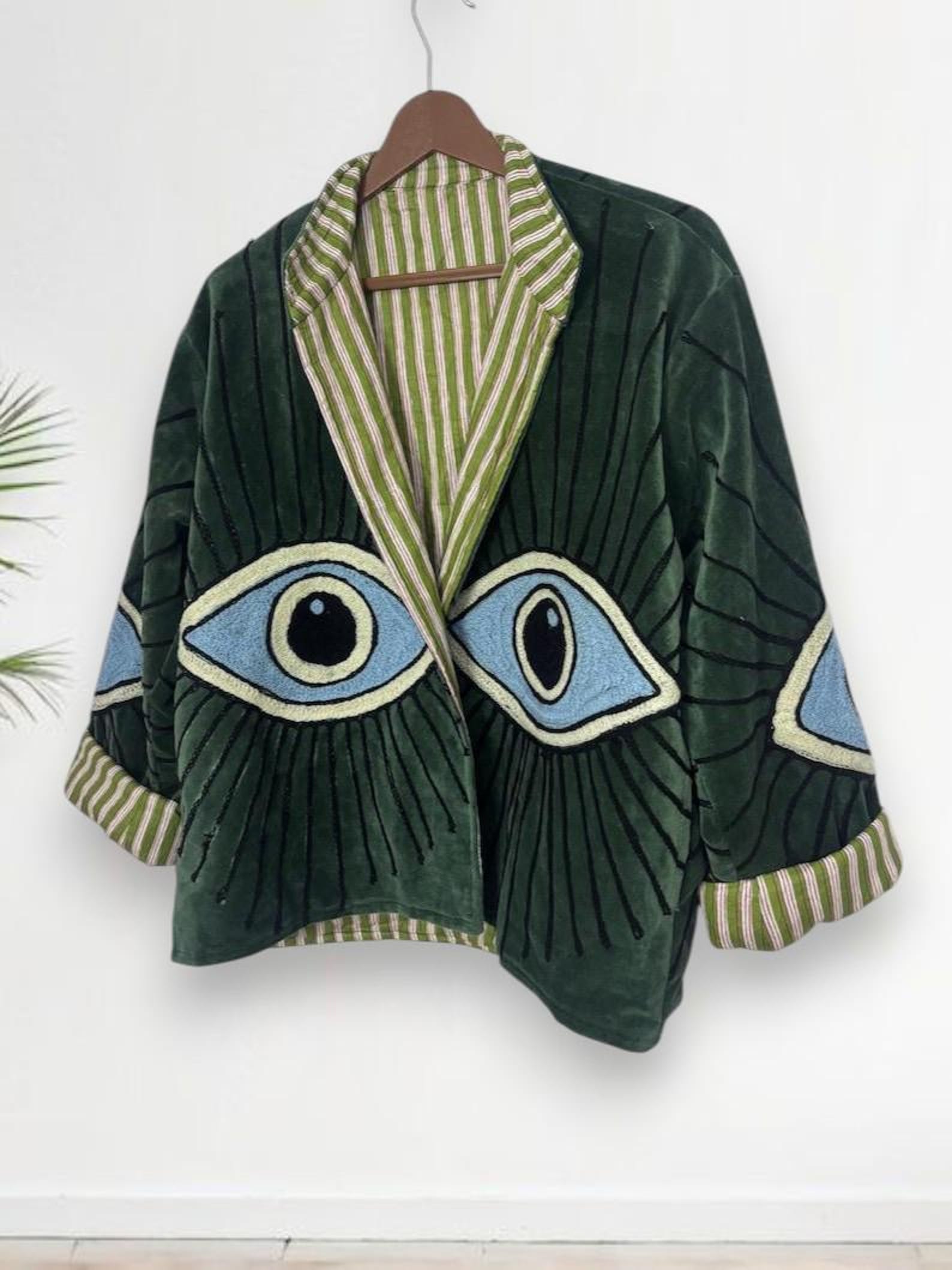 Boho Evil Eye Jacket, Green Embroidered Velvet Coat, Artistic Festival ...