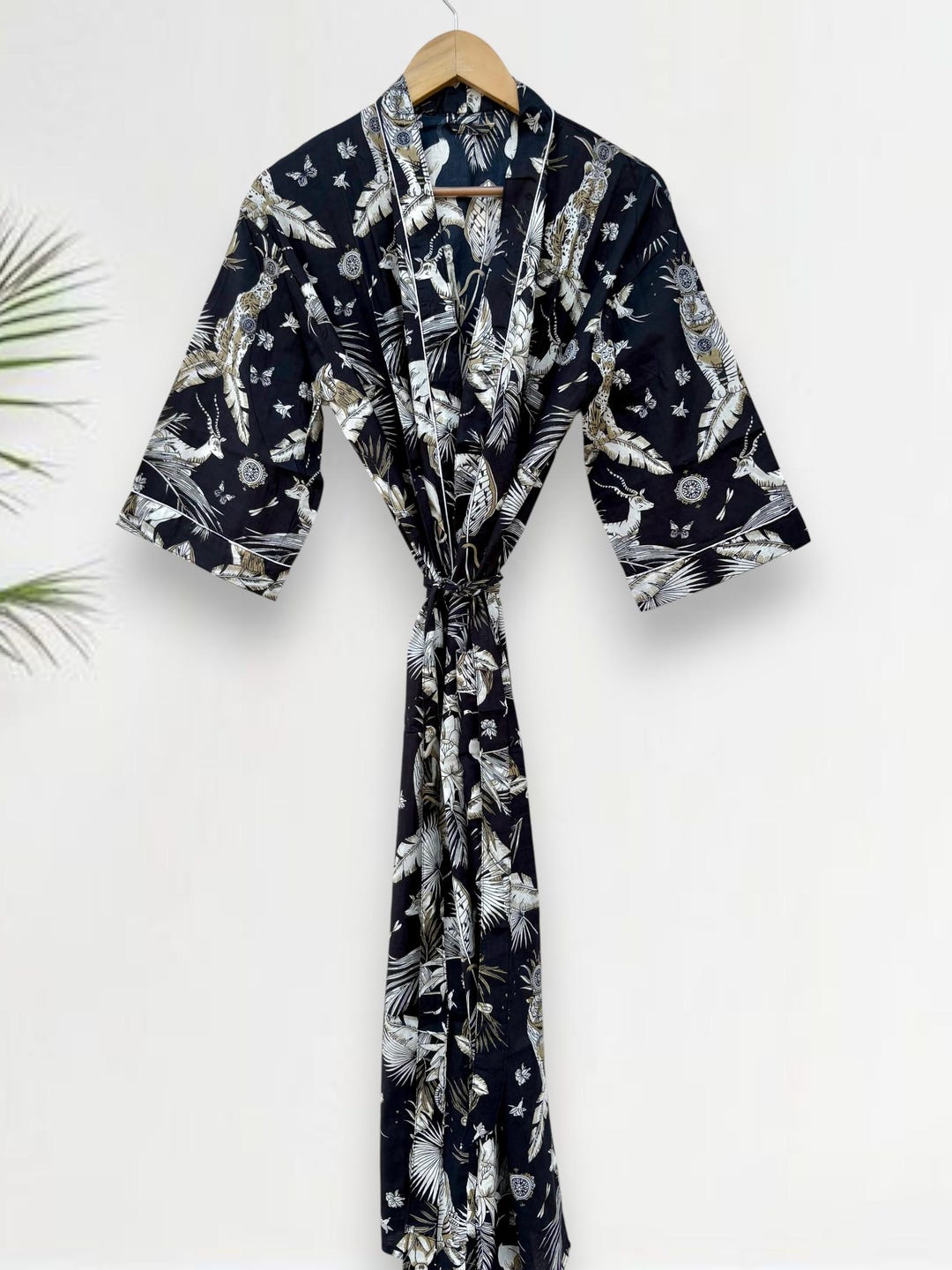 Cotton Kimono Robe, Black Leopard Print Sleepwear, Lightweight Lounge ...