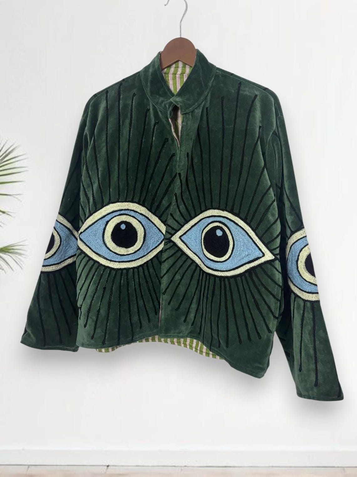 Boho Evil Eye Jacket, Green Embroidered Velvet Coat, Artistic Festival ...