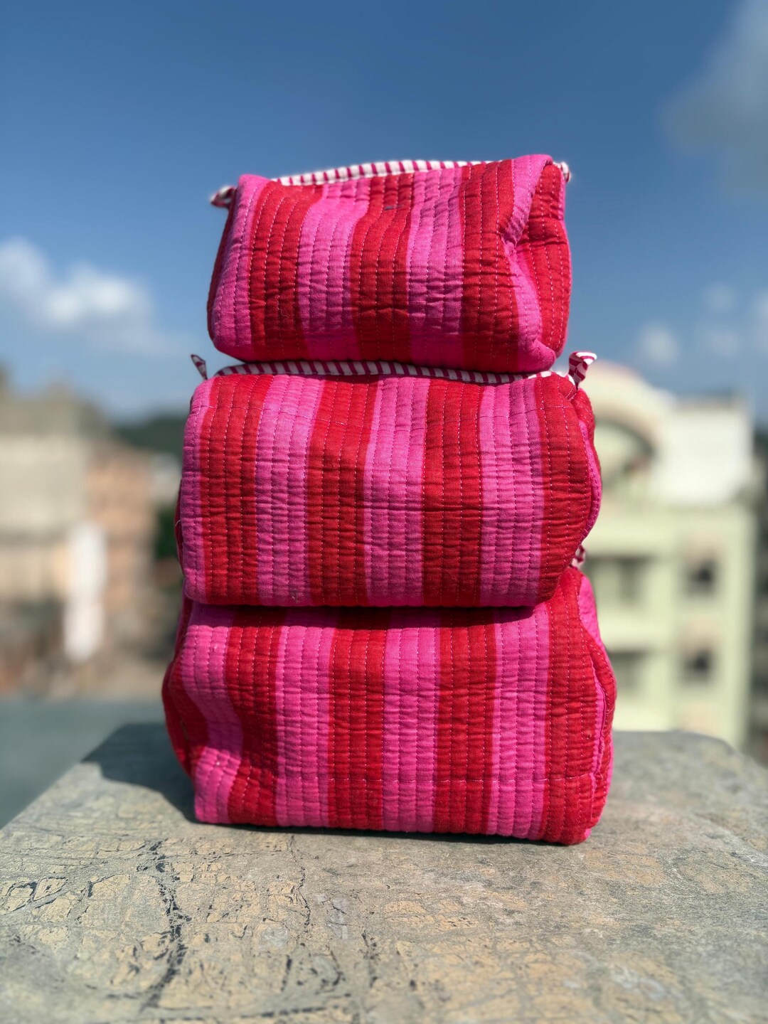 Hand Block Printed Makeup Pouches Set of 3, Travel Toiletry Bags ...