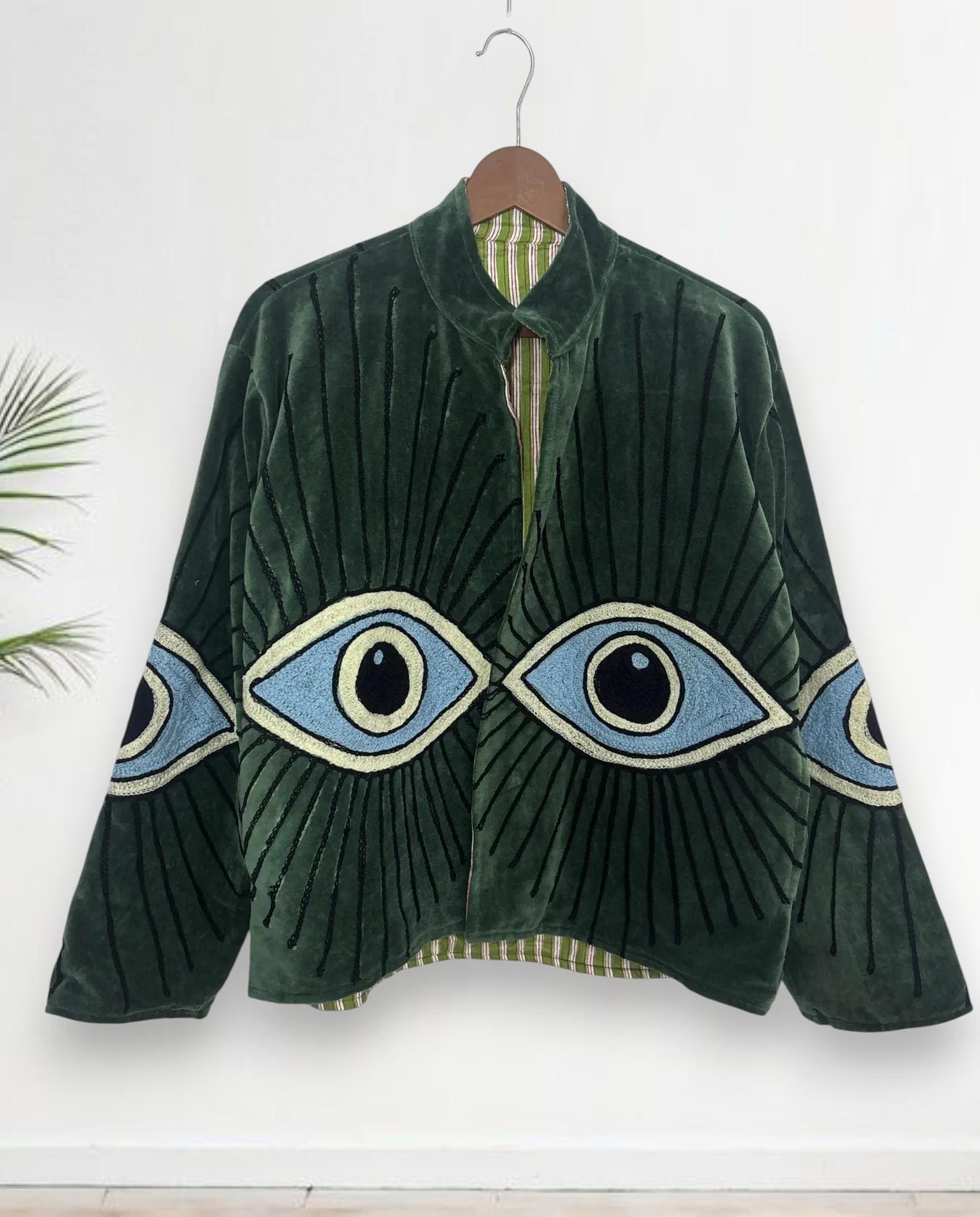 Boho Evil Eye Jacket, Green Embroidered Velvet Coat, Artistic Festival ...
