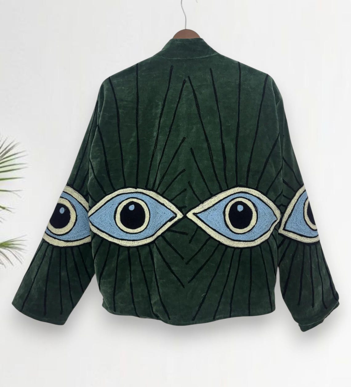 Boho Evil Eye Jacket, Green Embroidered Velvet Coat, Artistic Festival ...