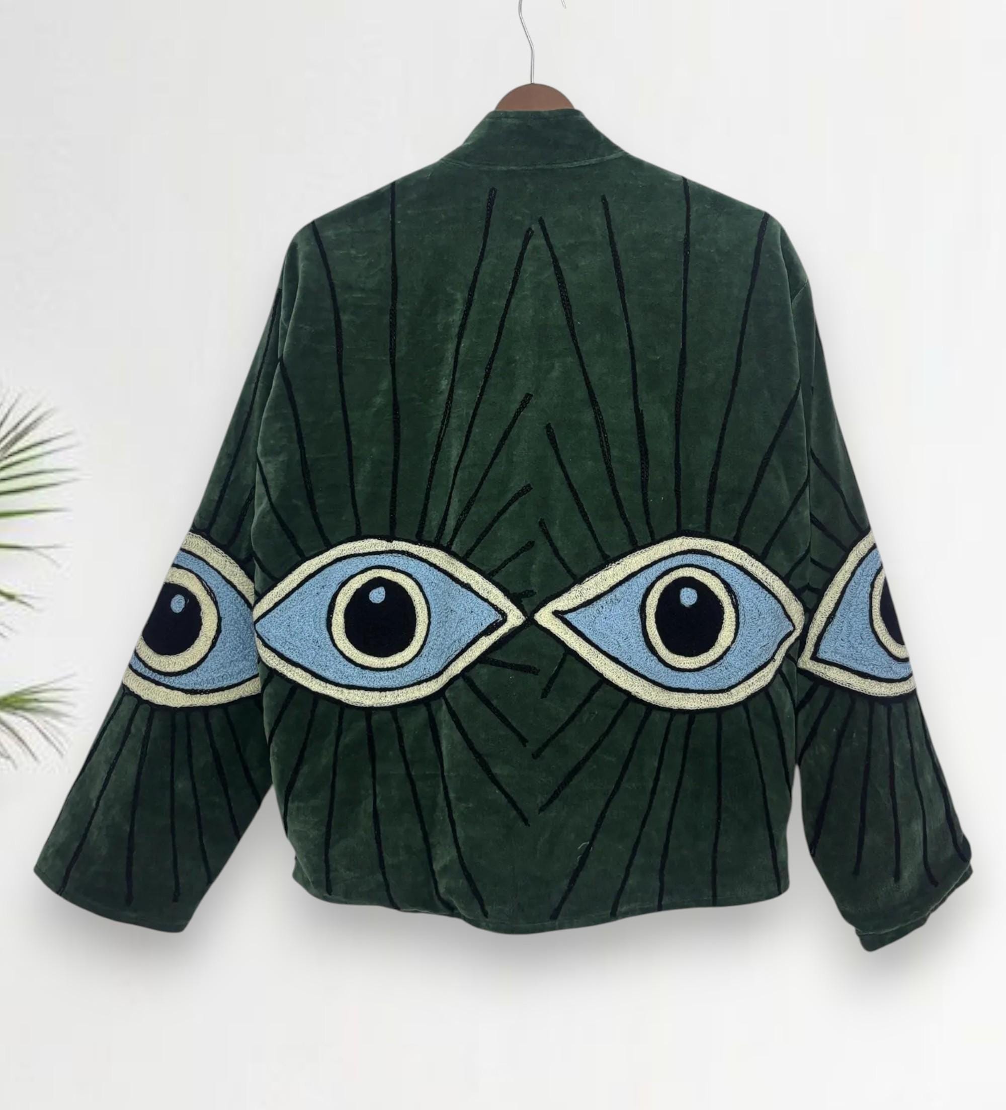 Boho Evil Eye Jacket, Green Embroidered Velvet Coat, Artistic Festival ...