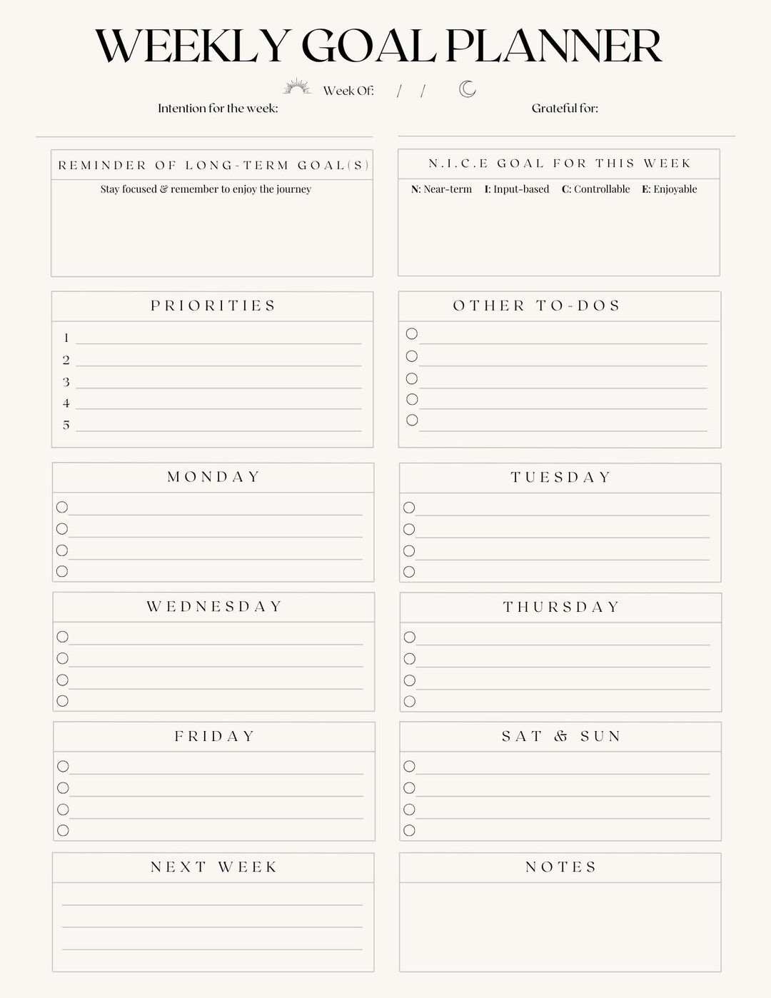 Weekly Goal Planner Featuring N.I.C.E. Goals - Etsy