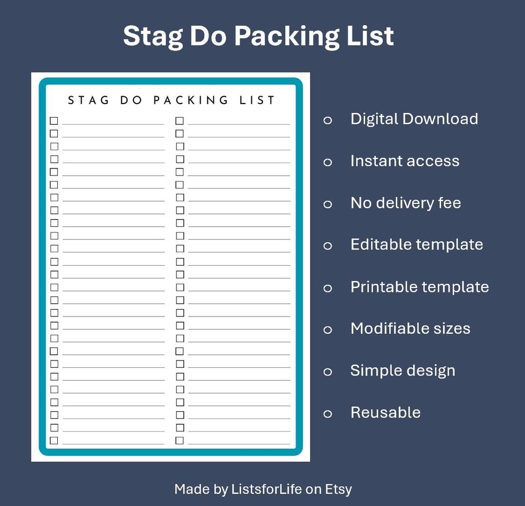 Stag Do Packing List, Printable Checklist (digital Download) - Etsy