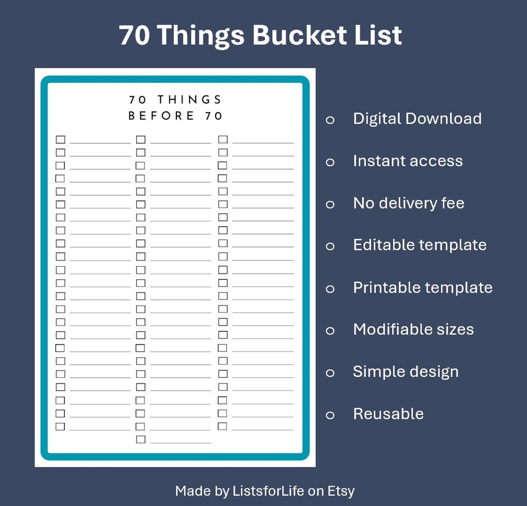 70 Things Bucket List, Printable Checklist (digital Download) - Etsy