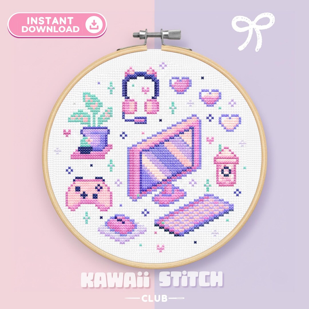 Kawaii Gaming Cross Stitch Pattern : Pastel Gamer Girl Setup Sampler ...