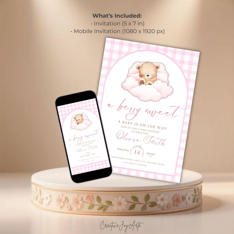 Berry Sweet Girl Baby Shower Invitation, Pink Gingham Baby Shower ...