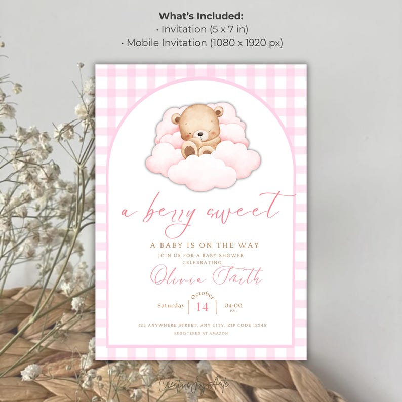 Berry Sweet Girl Baby Shower Invitation, Pink Gingham Baby Shower ...