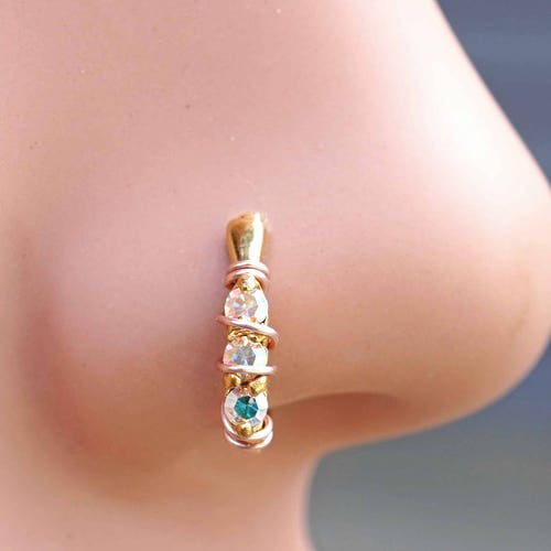 CZ Nose Ring Spring Nose Ring With Gold Chain Nath Indian | Etsy