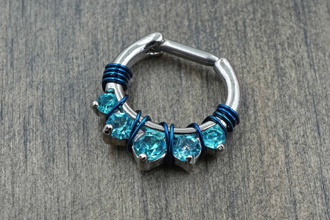 14 Gauge Aqua Blue Crystal Septum Ring Clicker Bull Ring Nose - Etsy