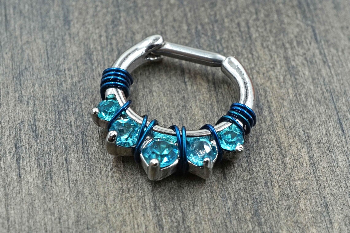 14 Gauge Aqua Blue Crystal Septum Ring Clicker Bull Ring Nose - Etsy