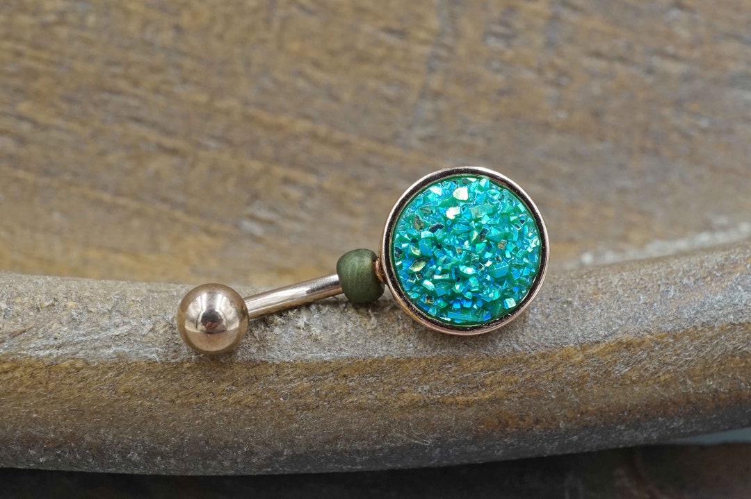 Teal Green Druzy Round Rose Gold Belly Button Ring Short Belly Button ...