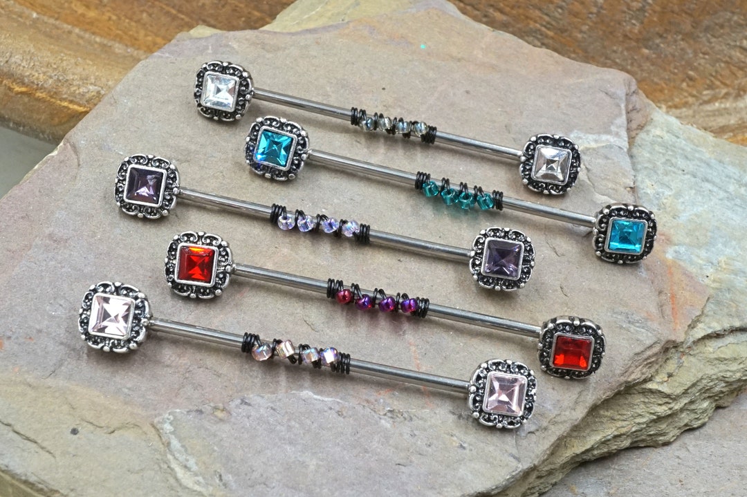 Square CZ Center Filigree 14 Gauge Industrial Barbell - Etsy