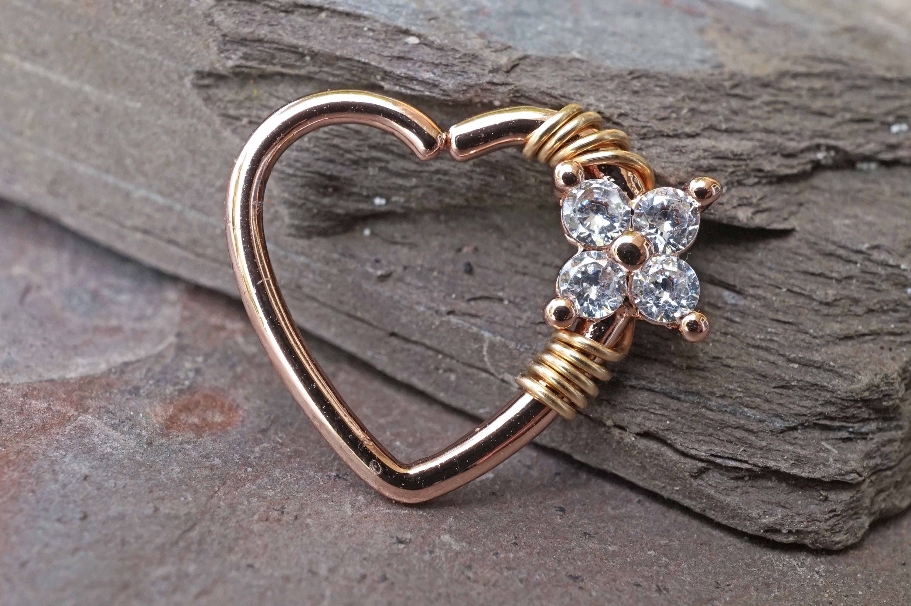 16 Gauge Rose Gold CZ Heart Daith Rook Heart Hoop Ring Daith | Etsy
