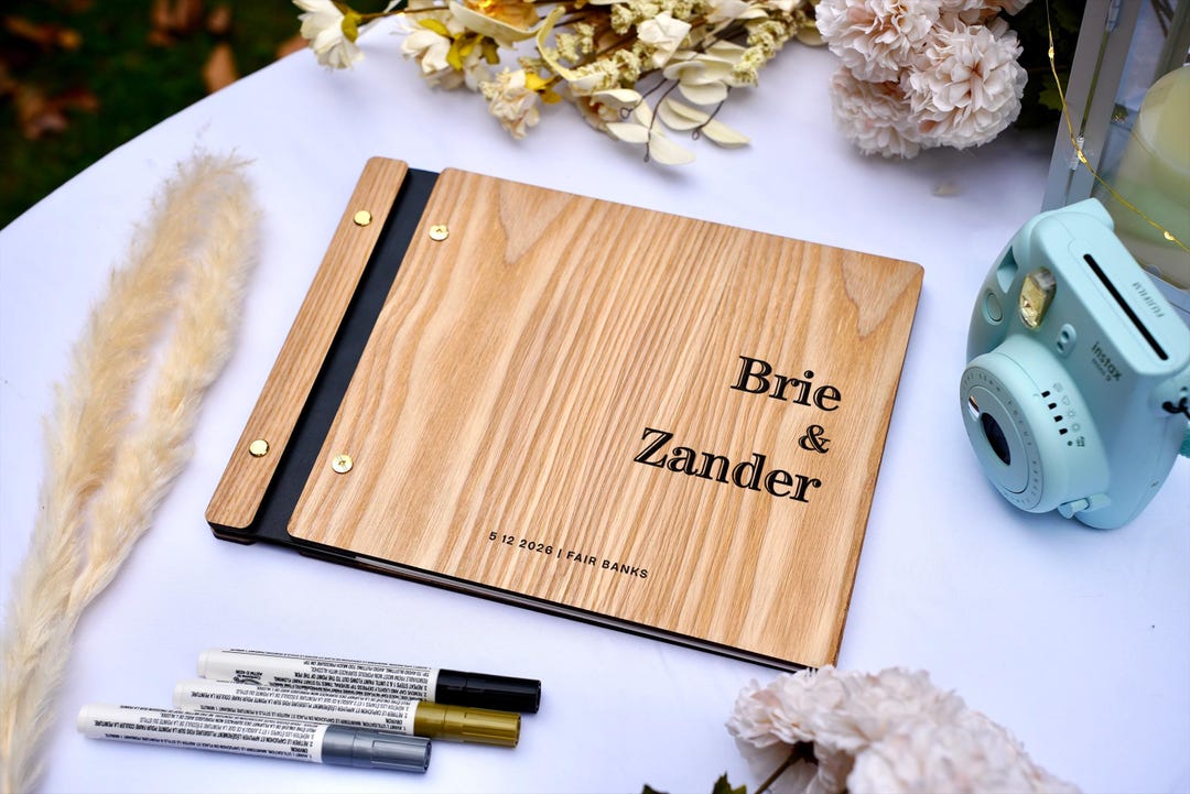 Personalized Wood Minimal Serif Wedding Guest Book: Engraved Keepsake ...