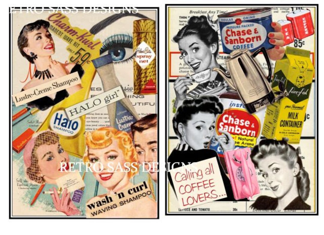 2 5x7 RETRO Inspired Digital Collage ART Print Retro Beauty and Retro ...