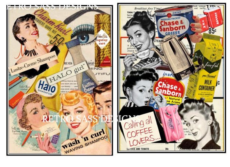 2 5x7 RETRO Inspired Digital Collage ART Print Retro Beauty and Retro ...