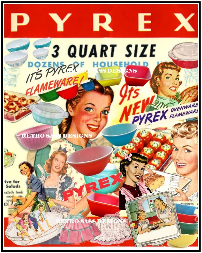 New RETRO PYREX Inspired Digital Collage ART 8x10 Cool Pyrex Collage ...